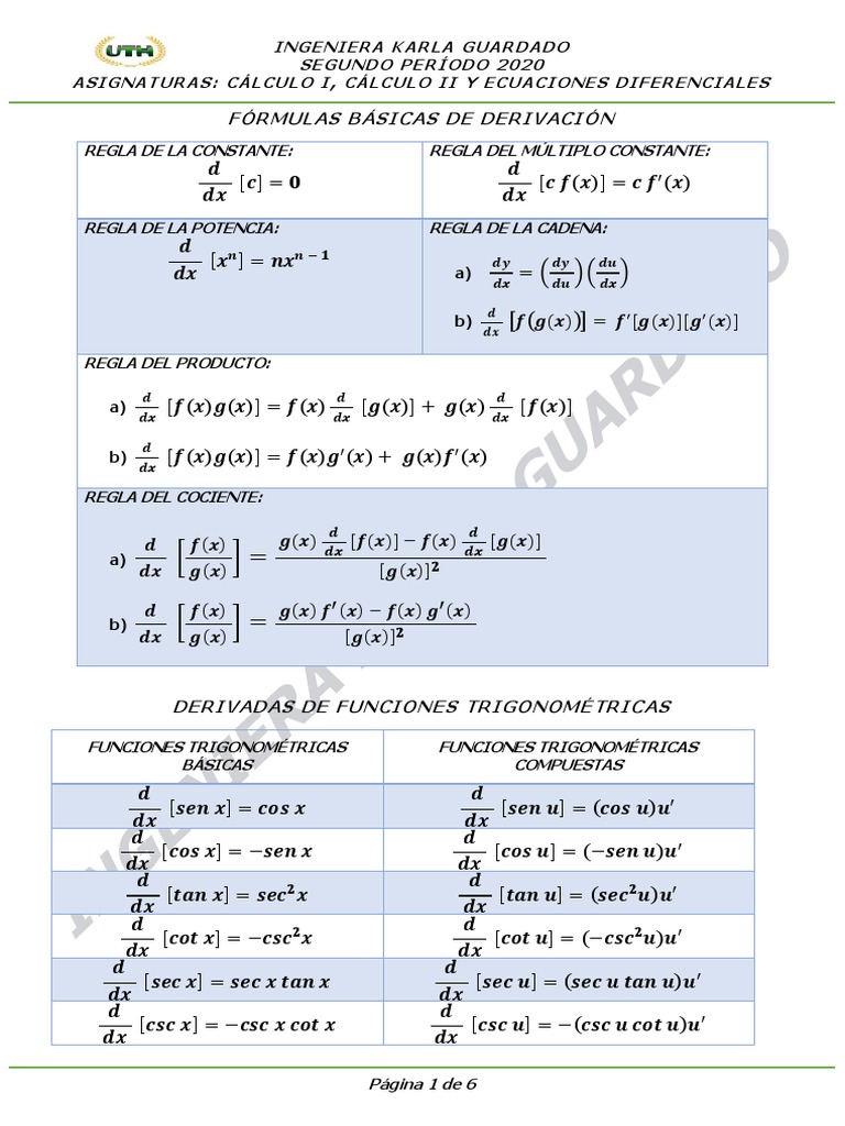 Formulas de Calculo y Ecuaciones I 2020 | Descargar gratis PDF ...