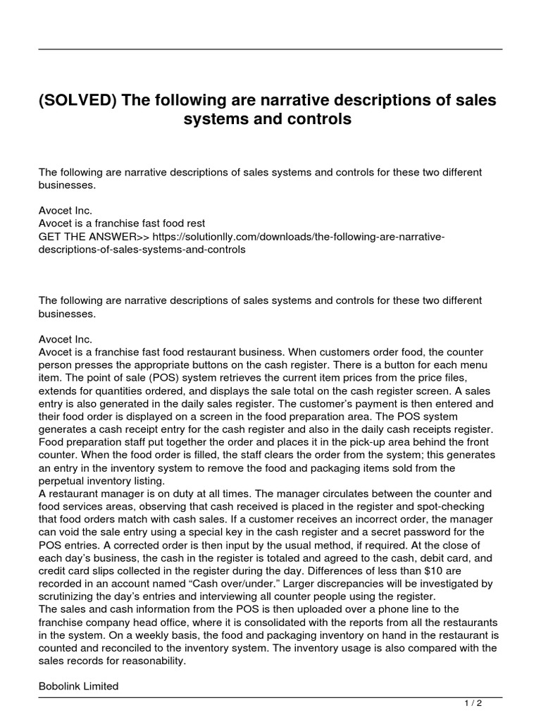 The Following Are Narrative Descriptions of Sales Systems and Controls ...