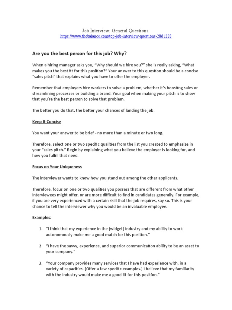 Are You The Best Person For This Job? Why?: Job Interview: General ...