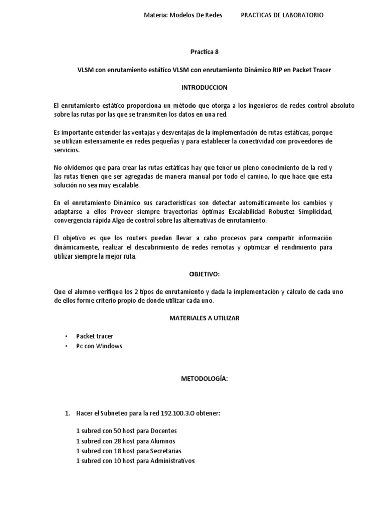 Practica 8 VLSM Con Enrutamiento Estático VLSM Con Enrutamiento Dinámico RIP en Packet Tracer ...