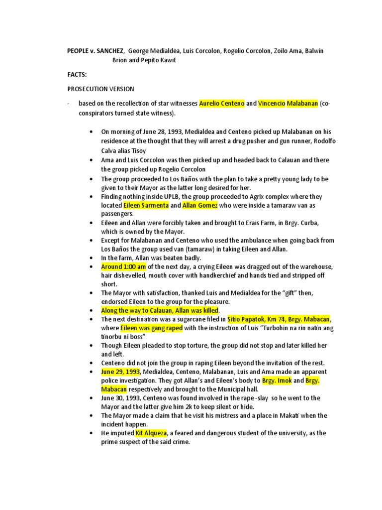 PEOPLE v. SANCHEZ, George Medialdea, Luis Corcolon, Rogelio Corcolon ...