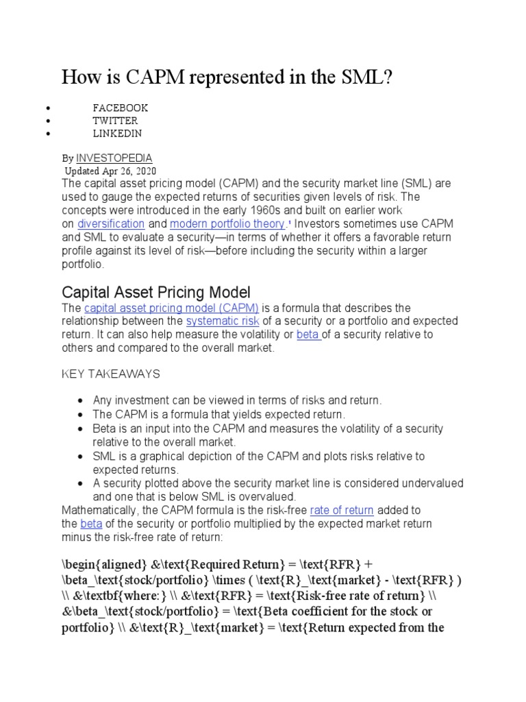 CAPM Represented in The SML | PDF | Capital Asset Pricing Model | Beta ...