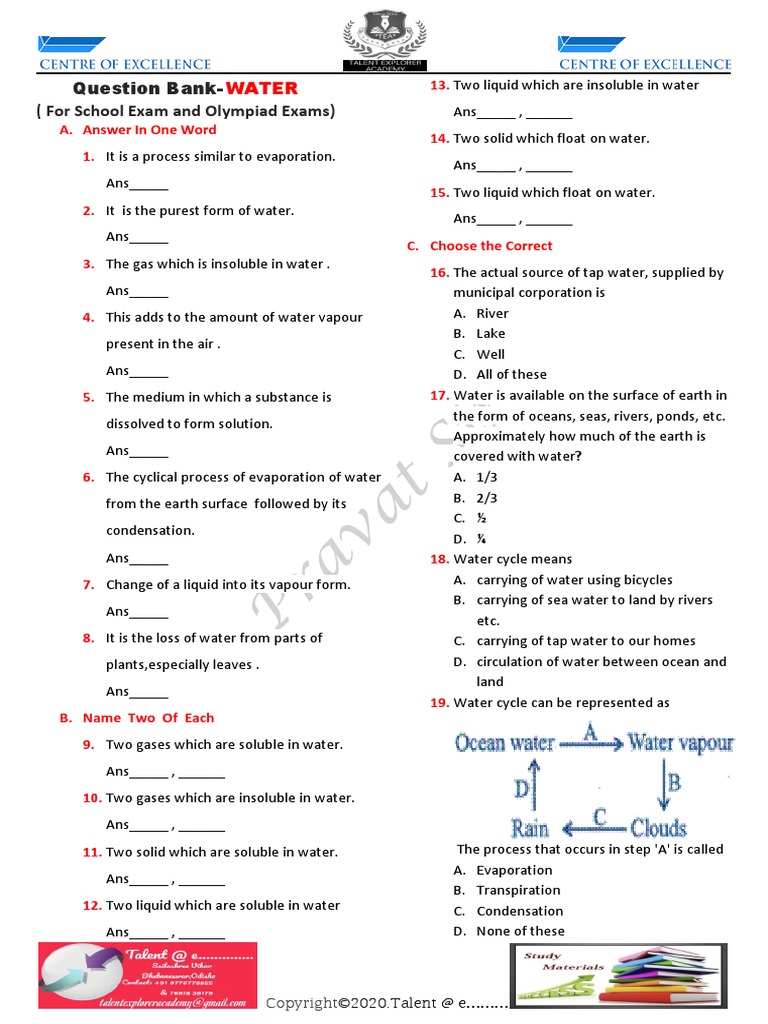 Water: Question Bank - (For School Exam and Olympiad Exams) | PDF ...