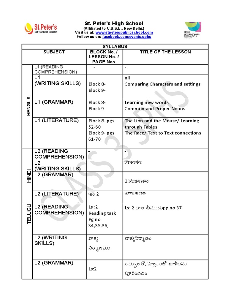 Class 3 SYLLABUS FOR July 2020 | PDF | Cognitive Science | Linguistics