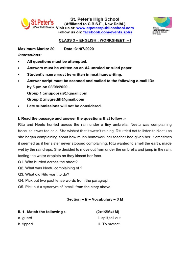 Class 3 Worksheets (30-07-2020) | PDF | Nature