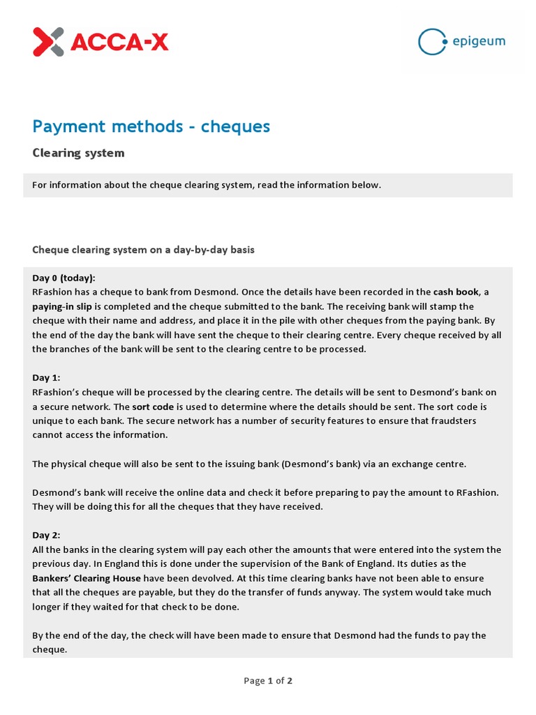 Payment Methods - Cheques: Clearing System | PDF | Clearing (Finance ...