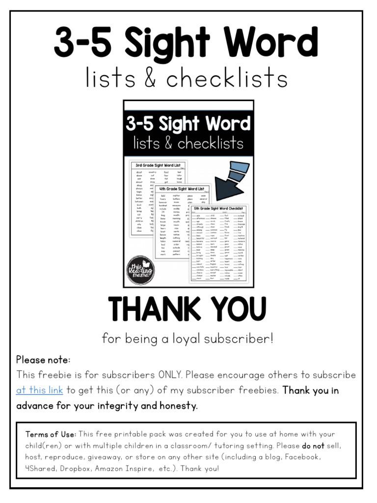3-5 Sight Word Lists & Checklists: Thank You | PDF | English Language ...