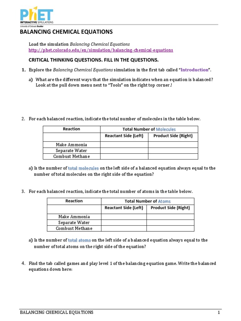 Balancing Chemical Equations Guided Inquiry - StudentHandout | PDF ...