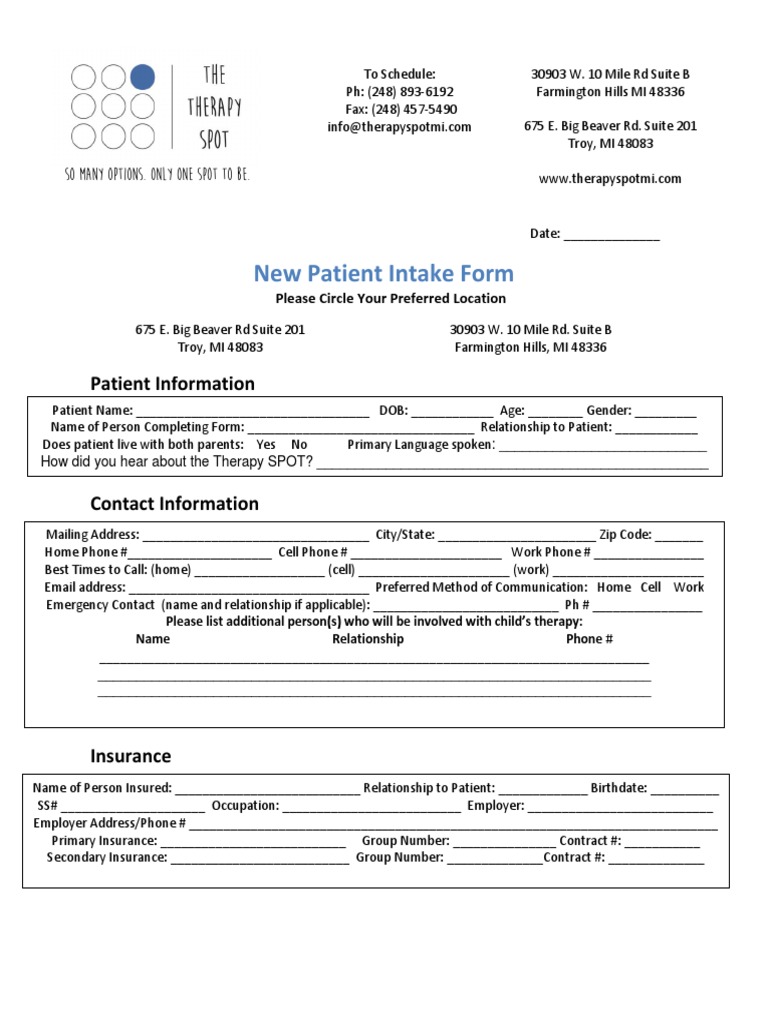 New Patient Intake Form Therapy Spot | PDF | Speech | Human Communication