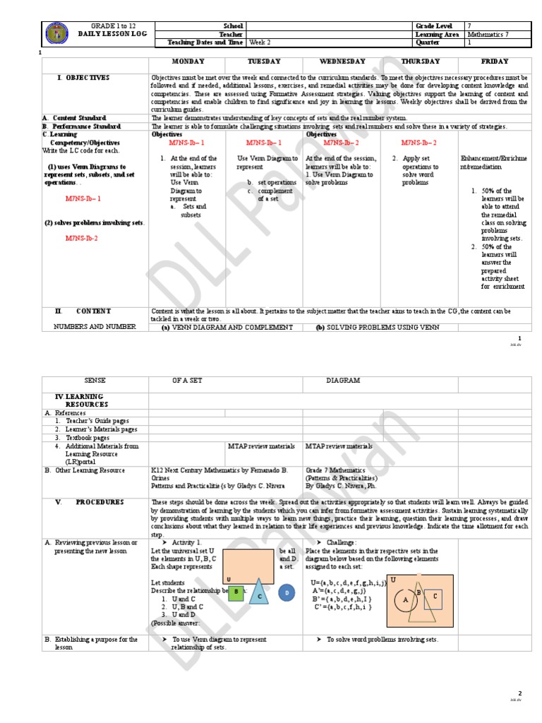 DLL Math Grade7 Quarter1 Week2 (Palawan Division) | PDF | Learning ...