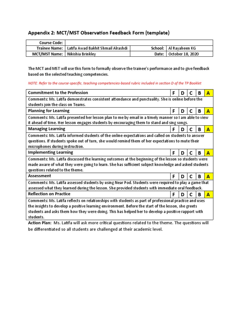 Appendix 2: MCT/MST Observation Feedback Form (Template) : Commitment ...