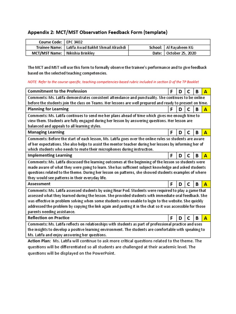 Appendix 2: MCT/MST Observation Feedback Form (Template) : Commitment ...