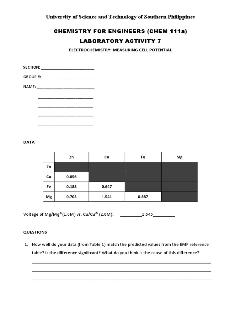 Chemistry For Engineers (Chem 111A) Laboratory Activity 7: University ...