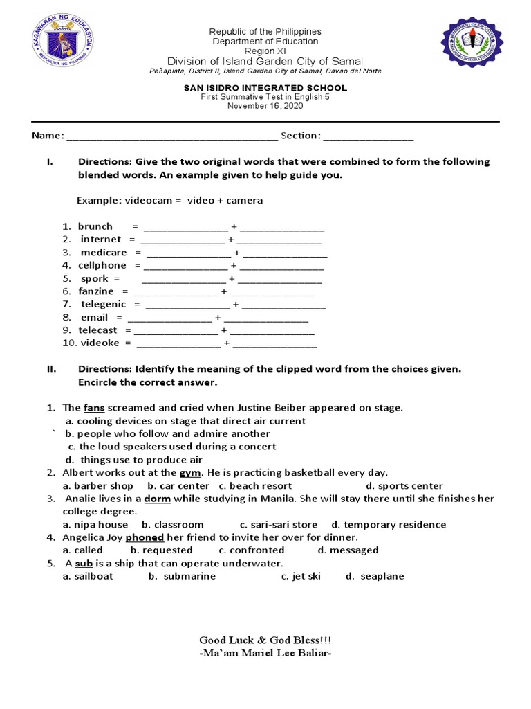 I. Directions: Give The Two Original Words That Were Combined To Form ...