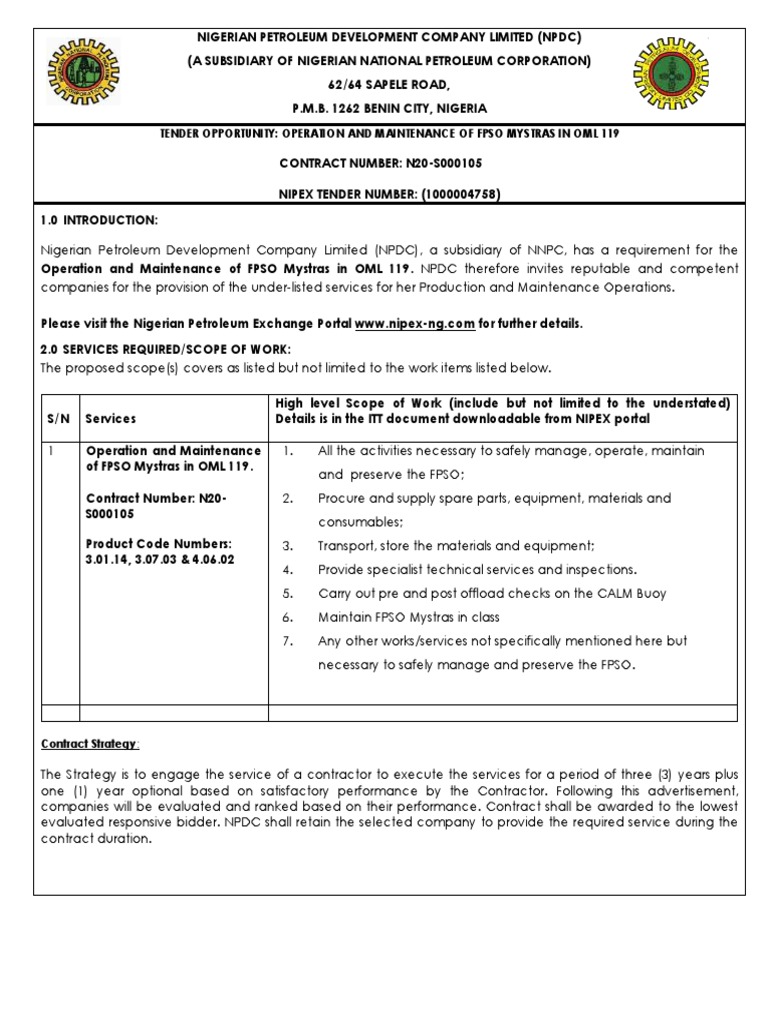 Tender Opportunity: Operation and Maintenance of Fpso Mystras in Oml ...