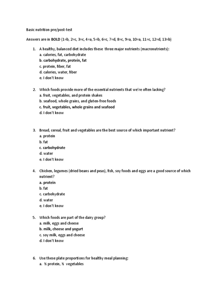 Basic Nutrition Pre/Post-Test Guide | PDF | Whole Grain | Carbohydrates