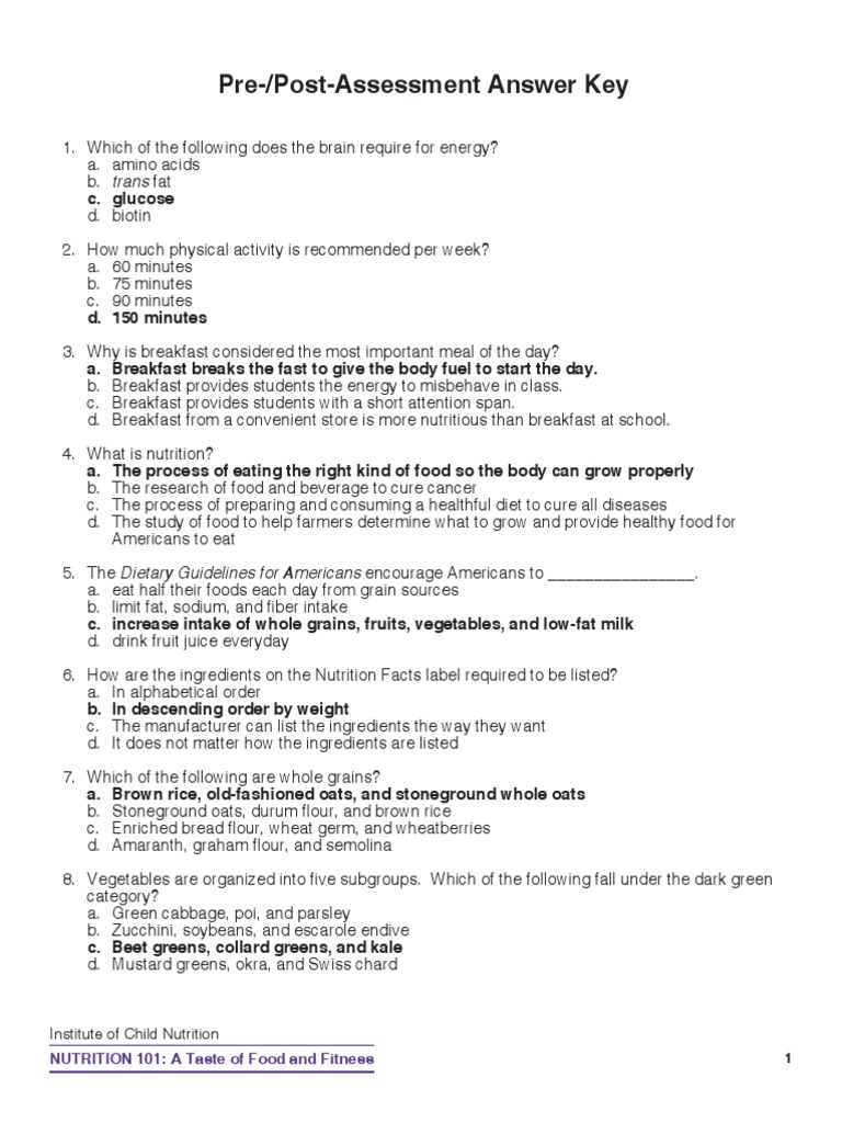 Nutrition 101 Assessment Answer Key | PDF | Whole Grain | Gluten