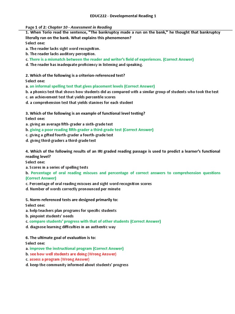 Educ222 - Ch10 Quiz | PDF | Reading Comprehension | Multiple Choice