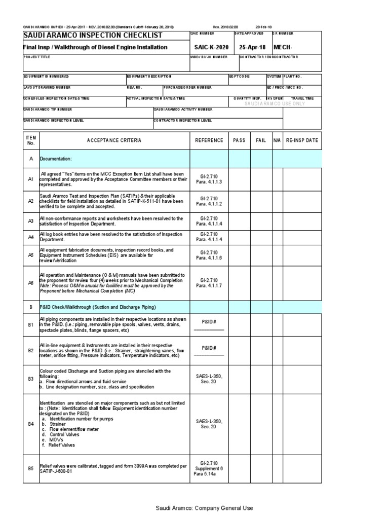Saudi Aramco Inspection Checklist: Final Insp / Walkthrough of Diesel Engine Installation SAIC-K ...