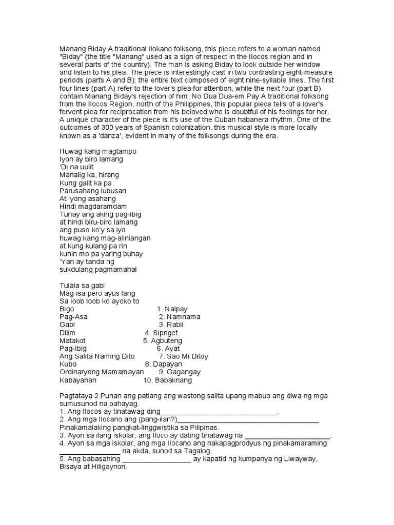 Ilokano Folk Songs: Manang Biday & No Dua Dua | PDF | Foreign Language Studies