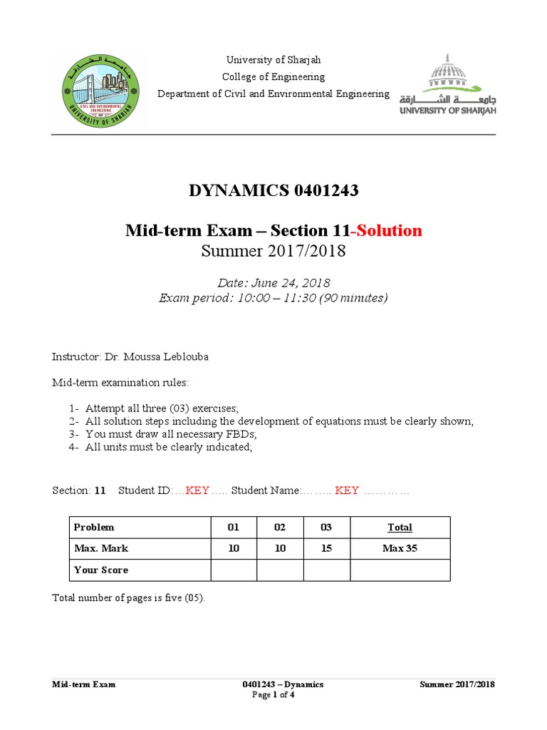 DYNAMICS 0401243 Mid-Term Exam - Section 11: Summer 2017/2018 | PDF ...