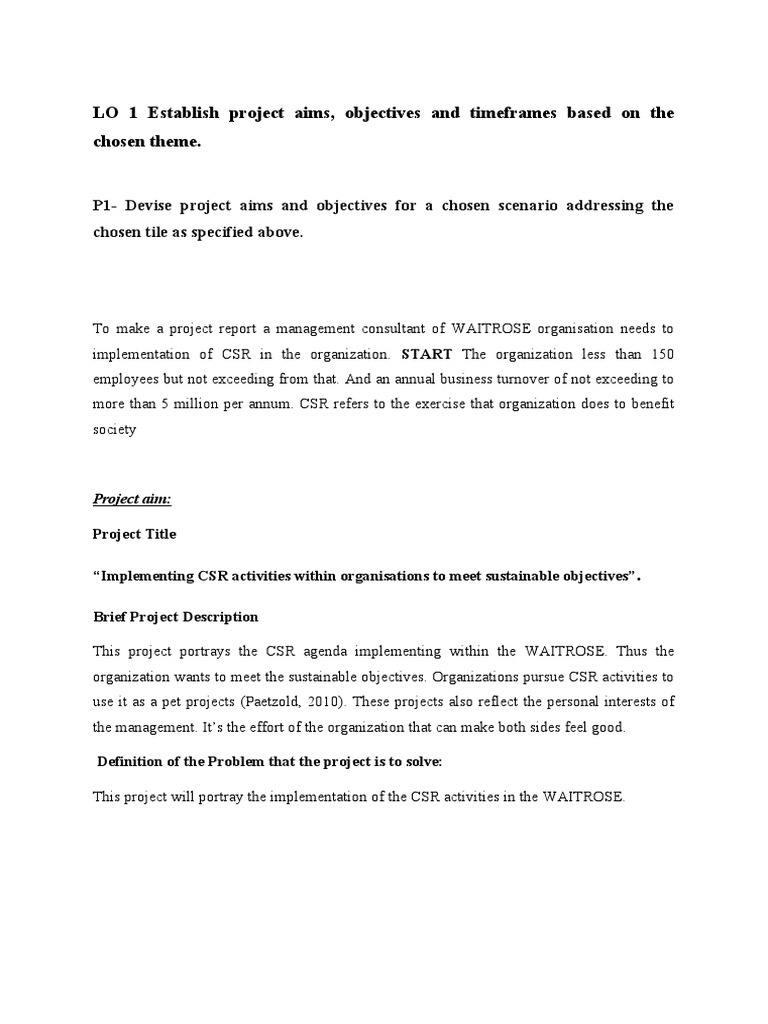 LO 1 Establish Project Aims, Objectives and Timeframes Based On The ...