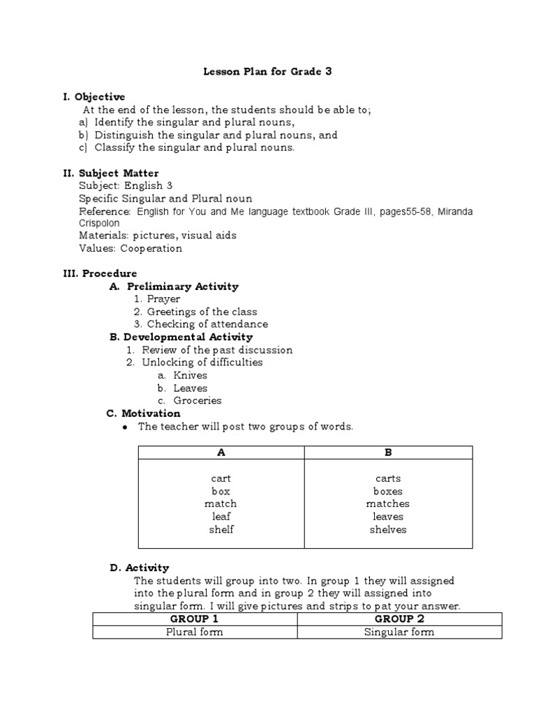 Lesson Plan For Grade 3 - Riggie May G. Tudtud | PDF | Plural ...