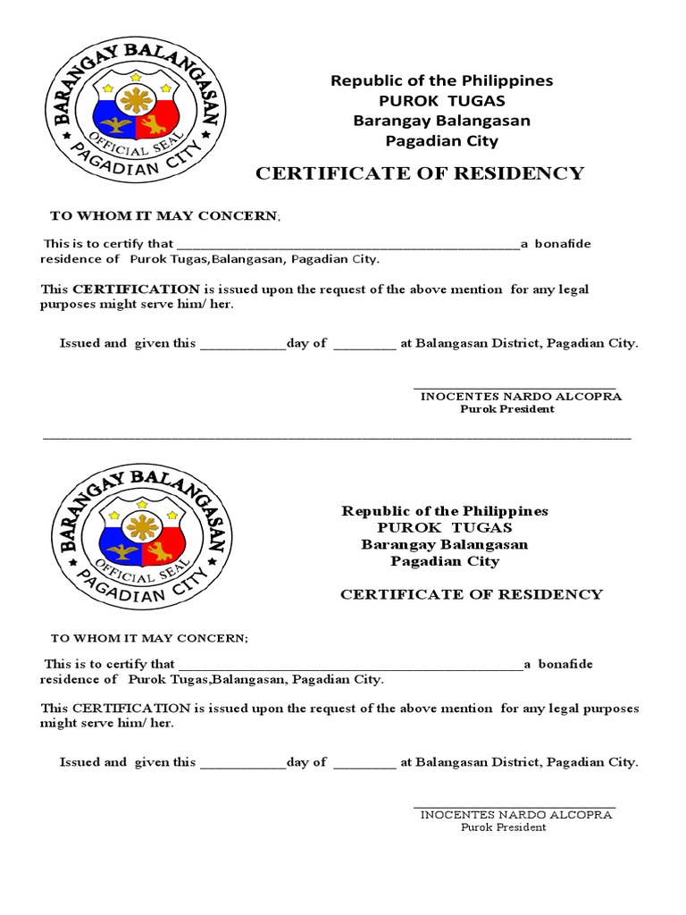 Certificate of Residency: Republic of The Philippines Purok Tugas ...