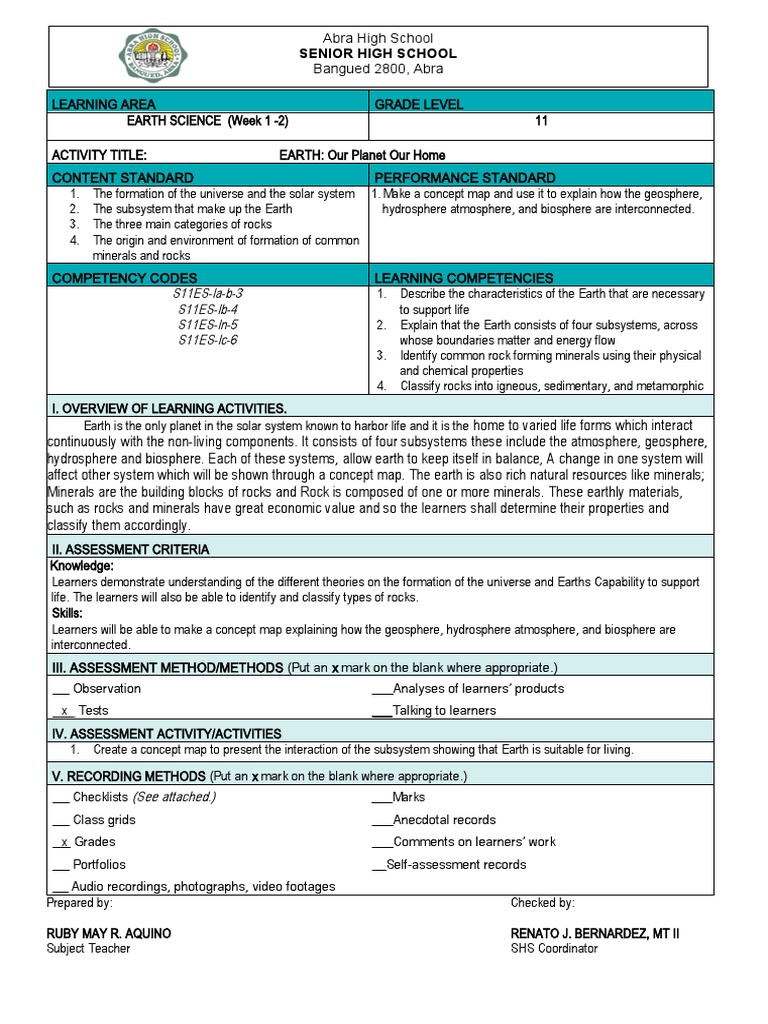 EARTH SCIENCE Assessment Plan 1-2 | PDF | Rock (Geology) | Life