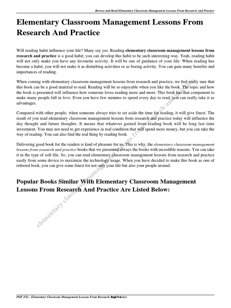 Elementary Classroom Management Lessons From Research and Practice ...