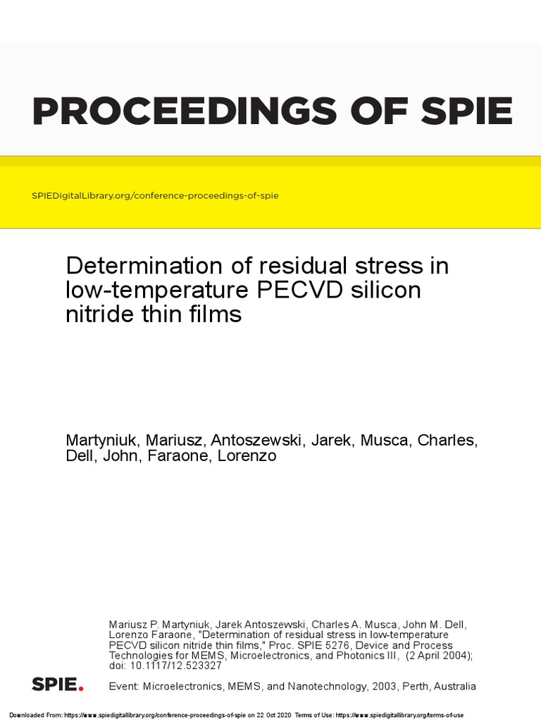 Proceedings of Spie: Determination of Residual Stress in Low-Temperature PECVD Silicon Nitride ...