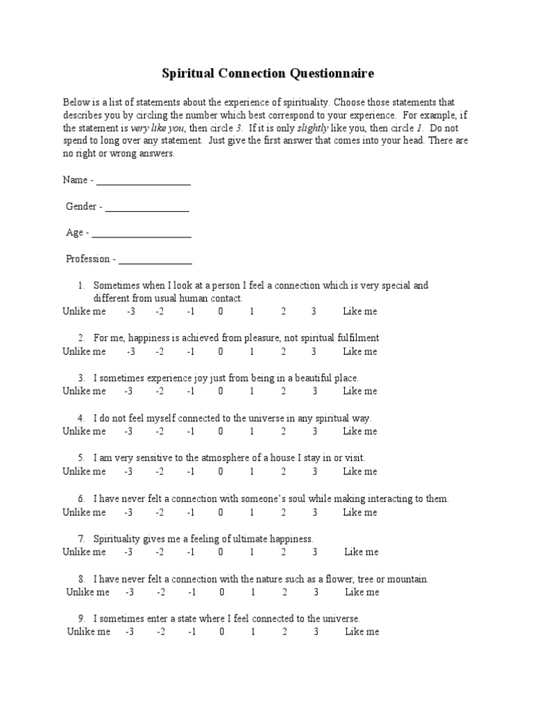 Spiritual Connection Questionnaire | PDF | Behavioural Sciences ...