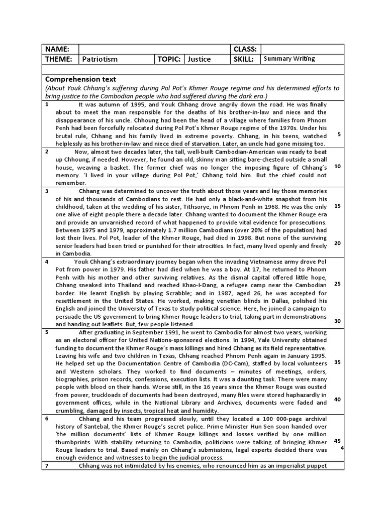 Patriotism: Name: Class: Theme: TOPIC: Justice Skill: Comprehension ...