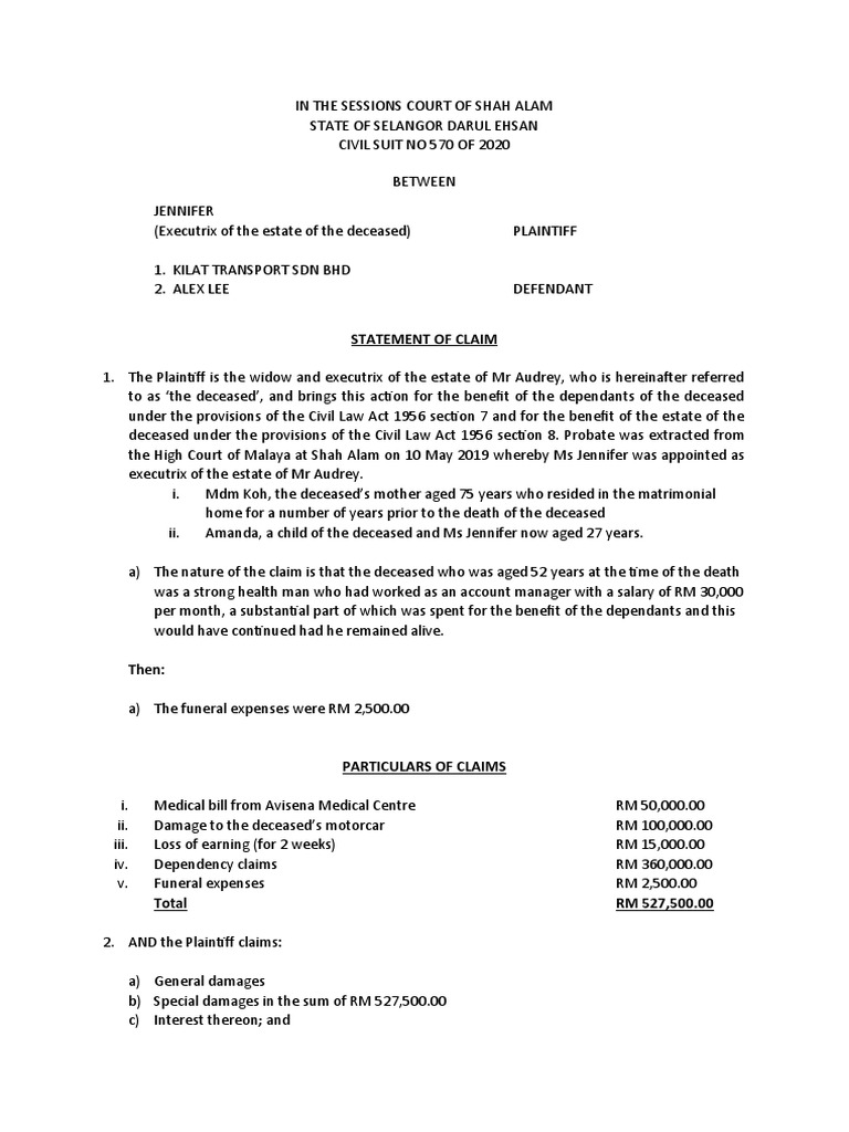 Sample - Statement of Claim | PDF | Government | Justice