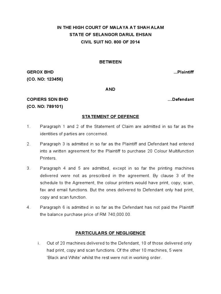 Sample - Statement of Defence | PDF | Cause Of Action | Common Law