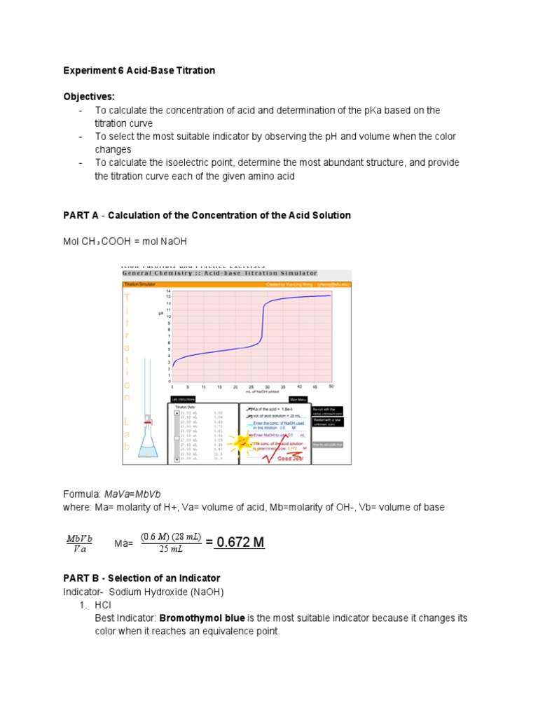 Acid-Base Titration Experiment: Determining Concentration, pKa, and ...
