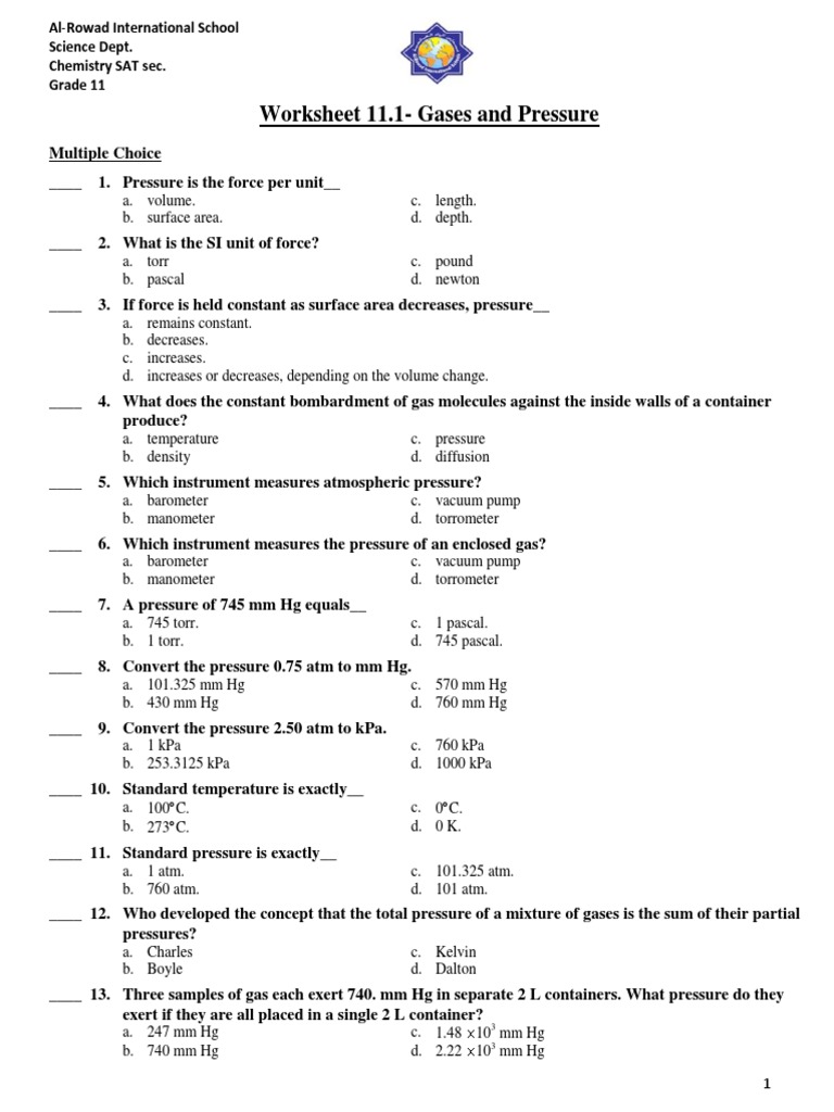 Worksheet G11 Chemistry 11.1 | PDF | Pascal (Unit) | Pressure