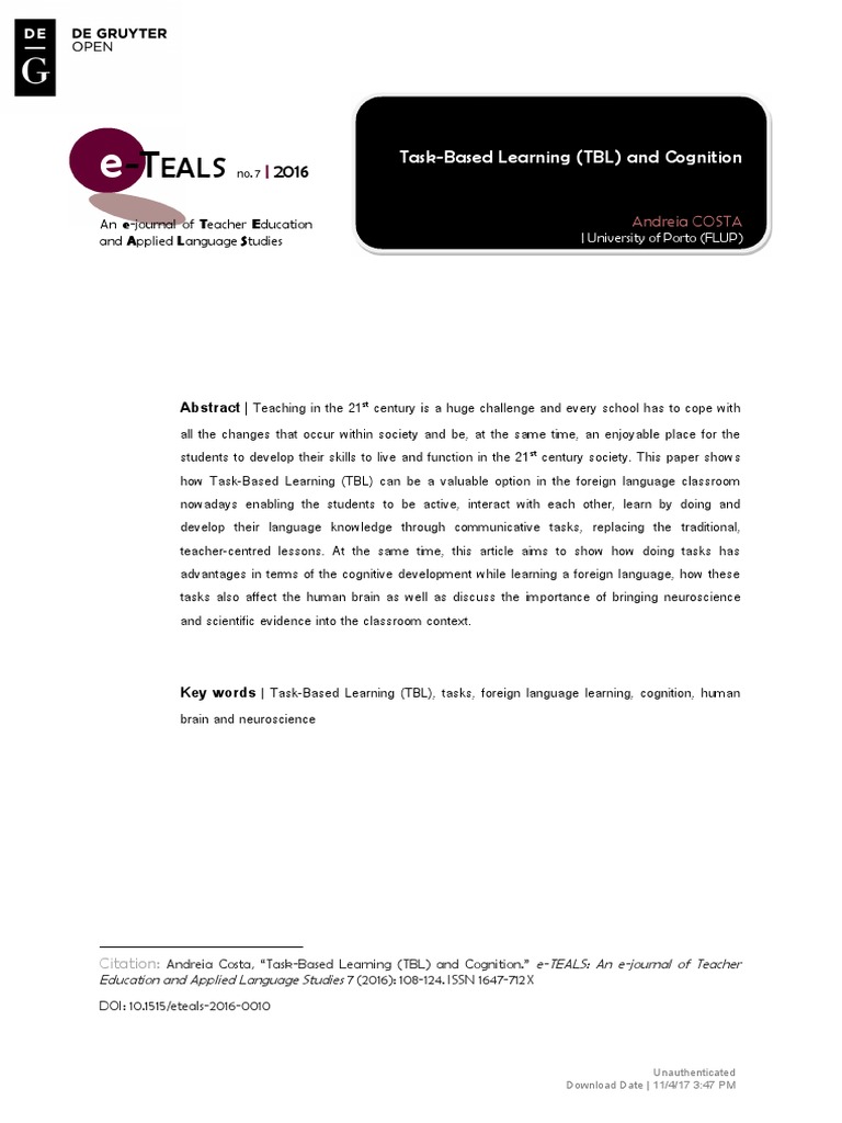 Abstract - : Task-Based Learning (TBL) and Cognition | PDF | Neuron | Axon