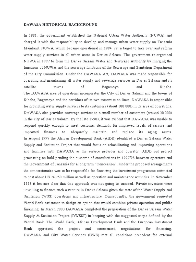 DAWASA Historical Background and Operations | PDF | Wash | Water