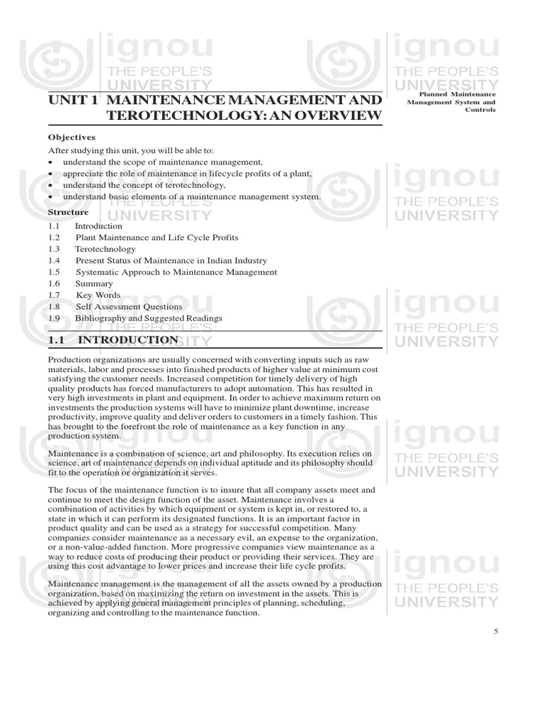 Unit 1 Maintenance Management and Terotechnology: An Overview | PDF ...
