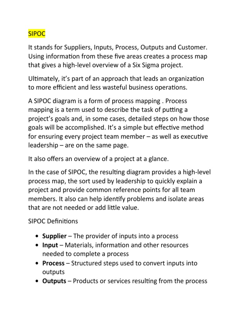 SIPOC: A High-Level Process Mapping Tool for Six Sigma Projects | PDF