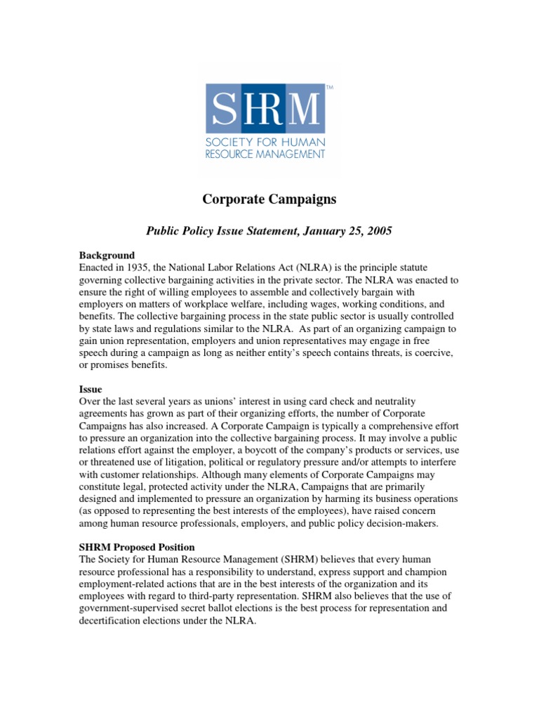 (SHRM) Corporate campaigns | Collective Bargaining | Employment