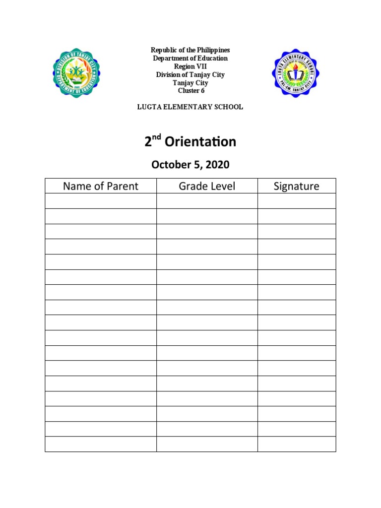 2 Orientation: Name of Parent Grade Level Signature | PDF