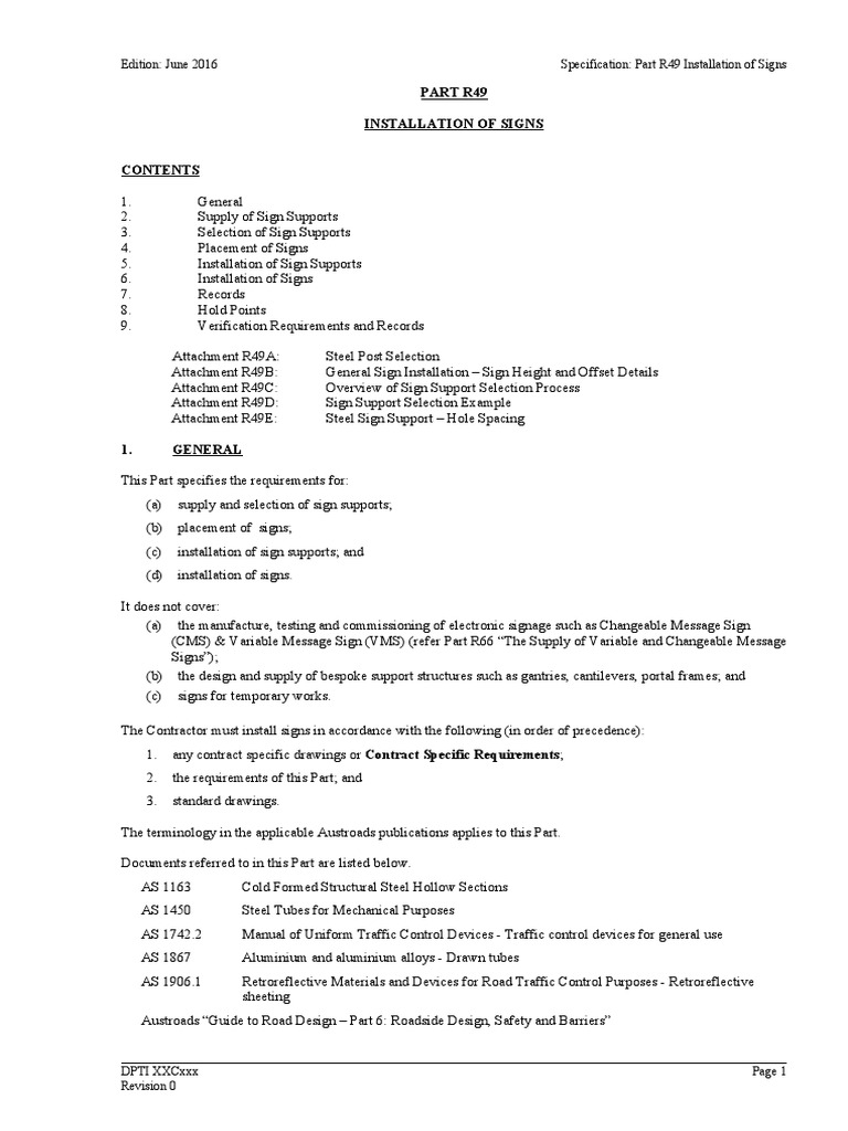 Edition: June 2016 Specification: Part R49 Installation of Signs | PDF ...