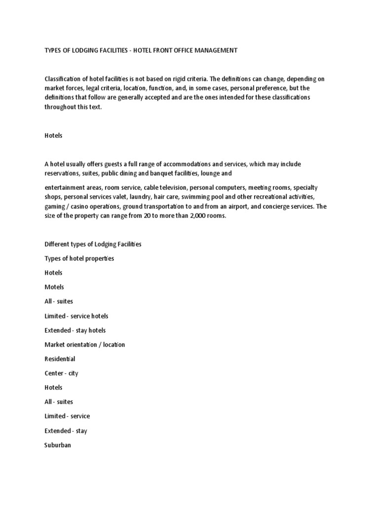 Types of Lodging Facilities | PDF | Hotel | Airbnb