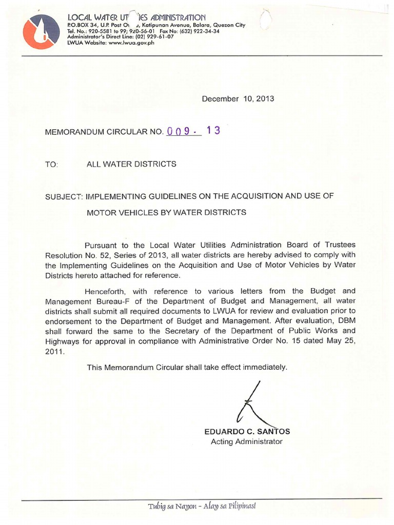 LWUA MC 2013-009 - Acquisition & Use of MV by WDs | PDF