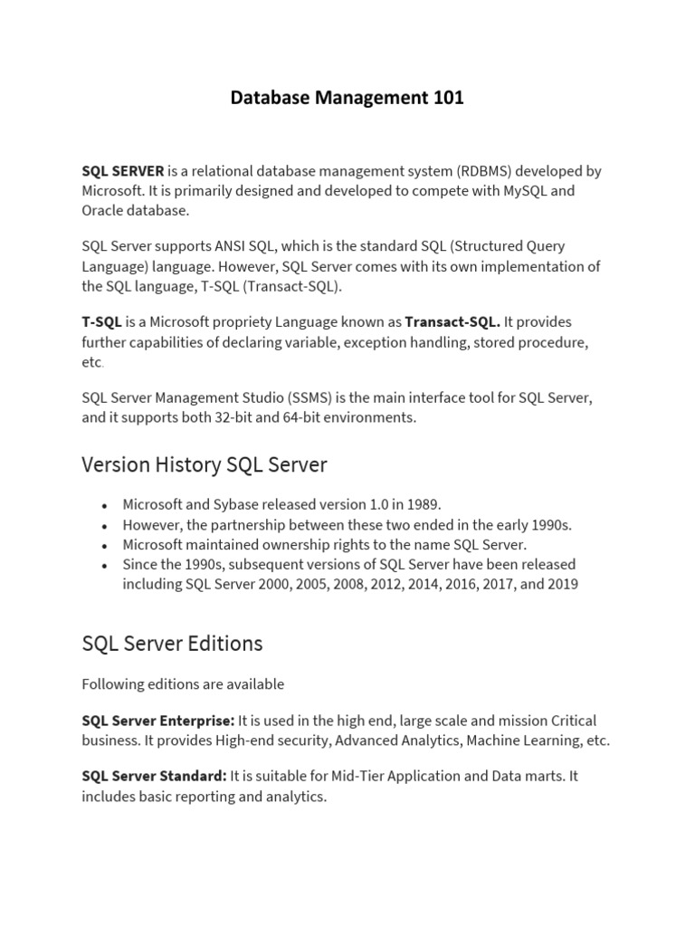 Database Management 101 | PDF | Microsoft Sql Server | Relational Database