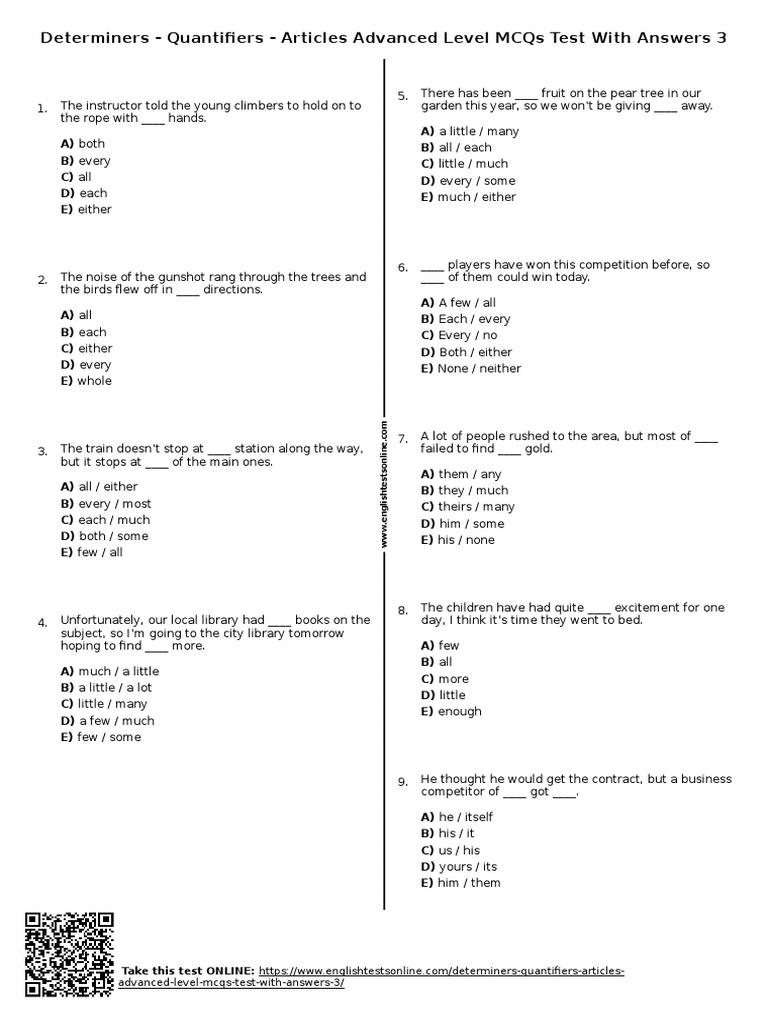 Advanced MCQs on Determiners and Articles | PDF | Nature