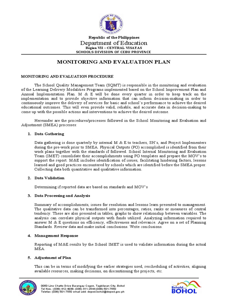 Department of Education: Monitoring and Evaluation Plan | PDF ...
