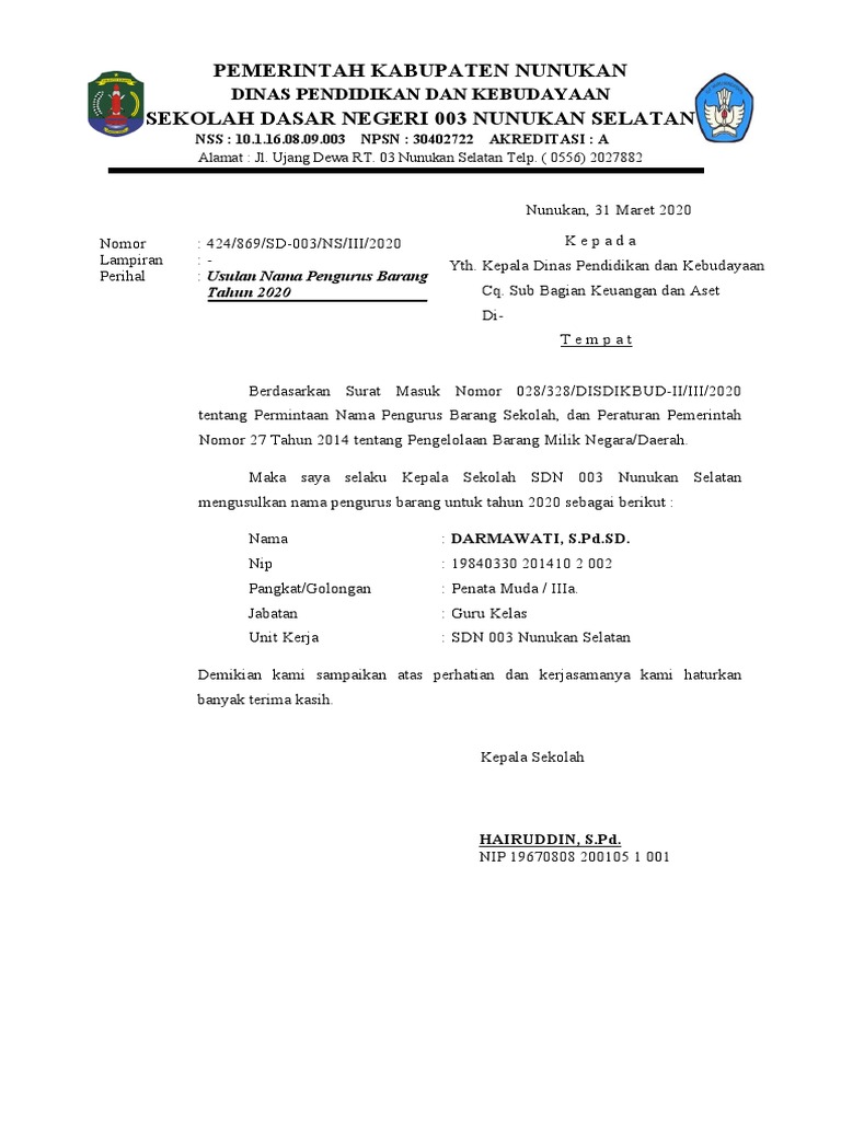 Surat Usulan Pengurus Barang Sekolah | PDF